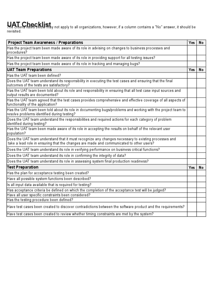 User Acceptance Testing Checklist | PDF | Information Technology ...