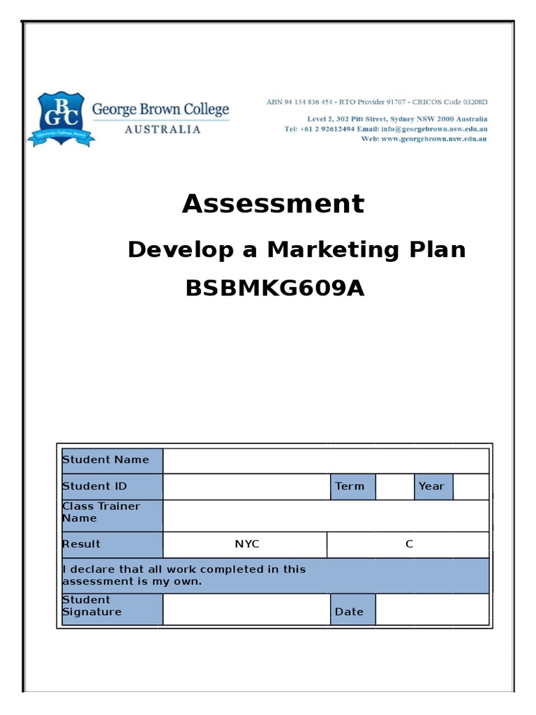 Assessment - Develop A Marketing Plan BSBMKG609A | PDF | Strategic ...