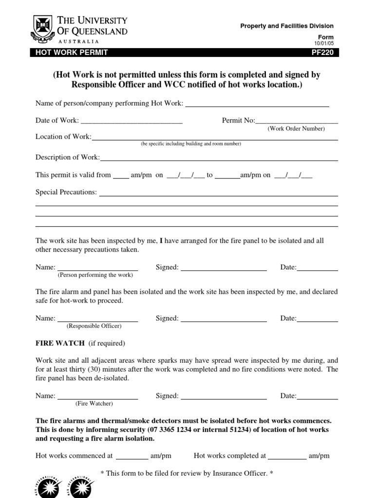 Hot Work Permit Form | PDF | Fires | Wall
