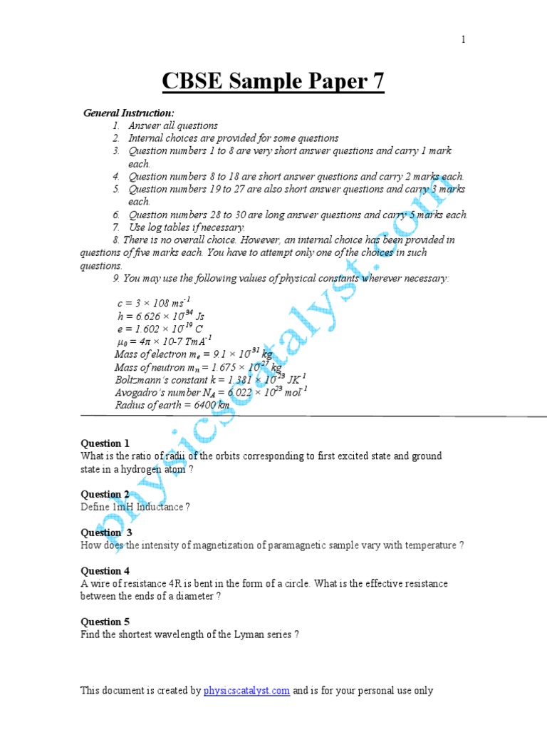 CBSE Sample Paper 7: General Instruction | PDF | Series And Parallel ...