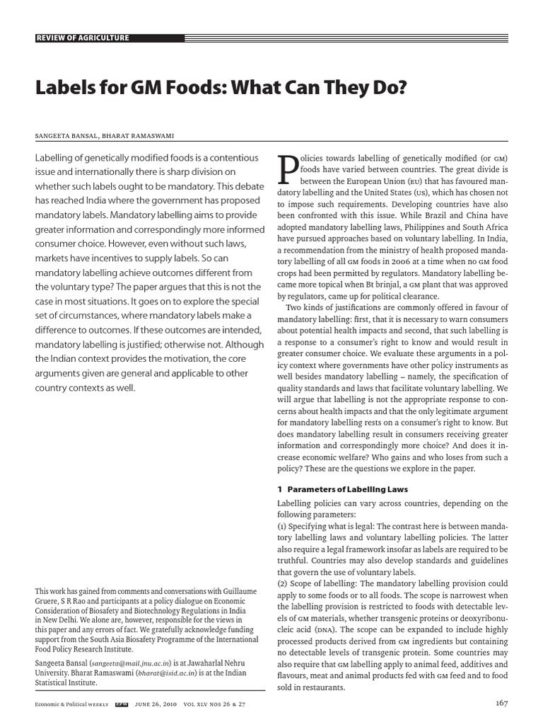 Labels For GM Foods: What Can They Do?: Sangeeta Bansal, Bharat ...
