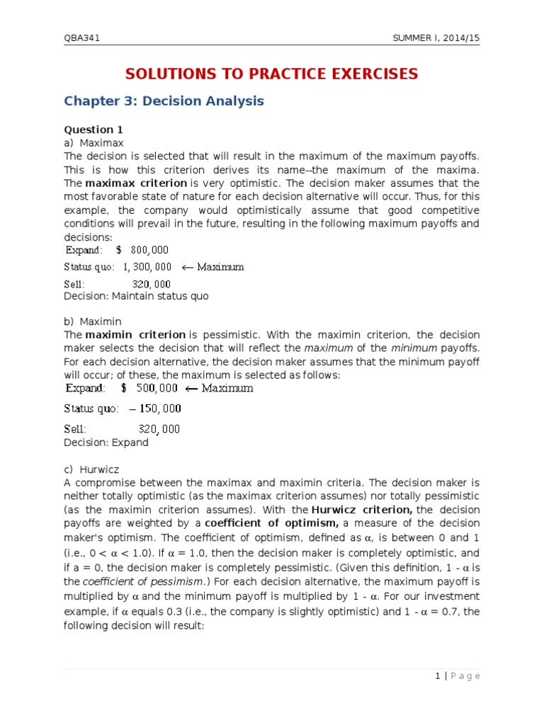 Decision Analysis Solutions Guide | PDF | Optimism | Decision Making