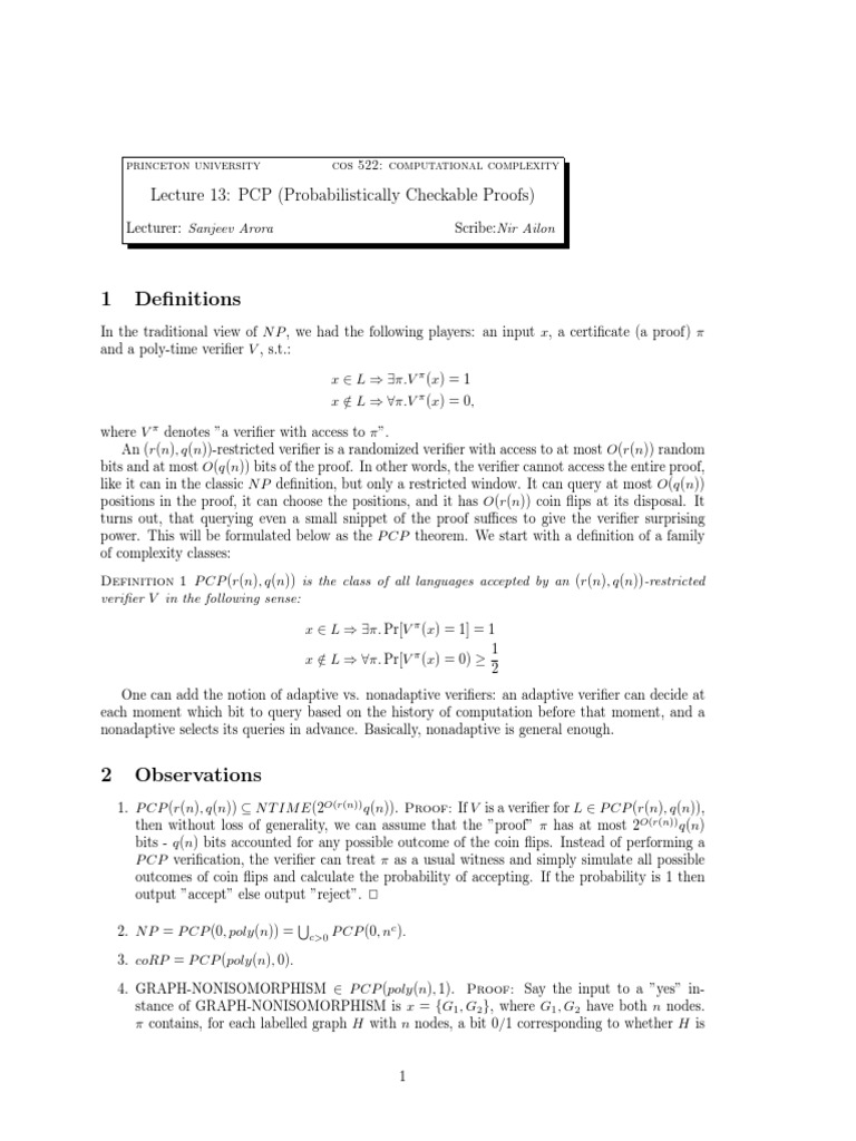 1 Definitions: Lecture 13: PCP (Probabilistically Checkable Proofs) | PDF | Logic | Mathematical ...