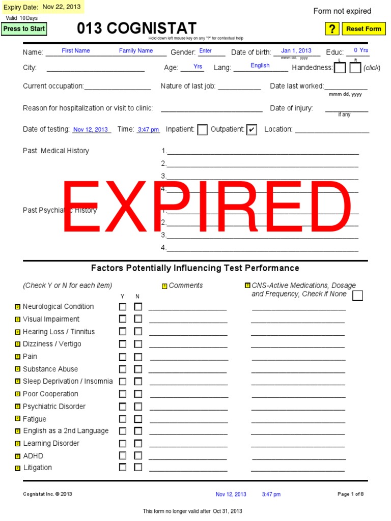 Cognistat Active Form Rev30.9f 10day | PDF | Psychiatry | Mental And ...