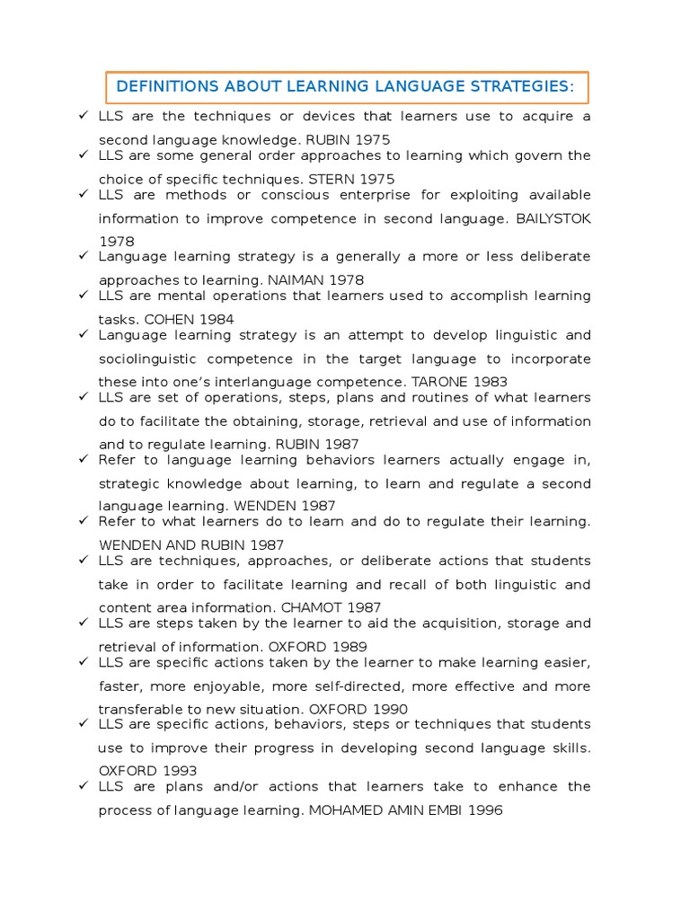 Definitions About Learning Language Strategies | PDF | Second Language ...
