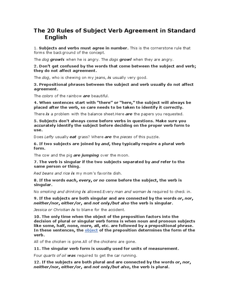The 20 Rules of Subject Verb Agreement in Standard English | PDF ...
