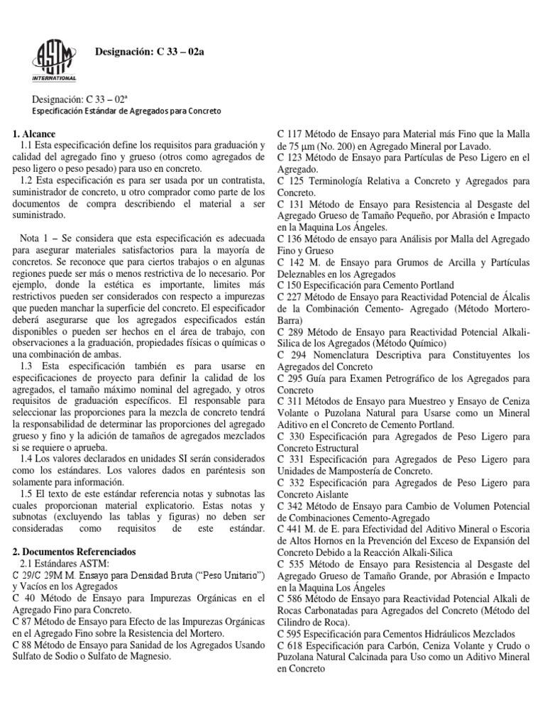 ASTM C 33-02a Especificaciones de Agregados para Concreto | PDF | Hormigón | Cemento