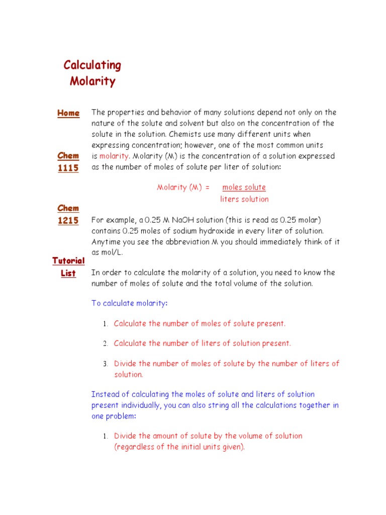 Calculating Molarity | PDF | Molar Concentration | Solution
