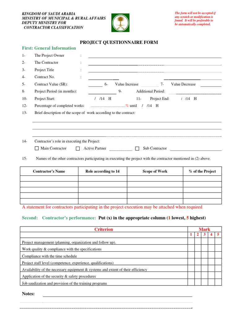 First: General Information: Project Questionnaire Form | PDF ...