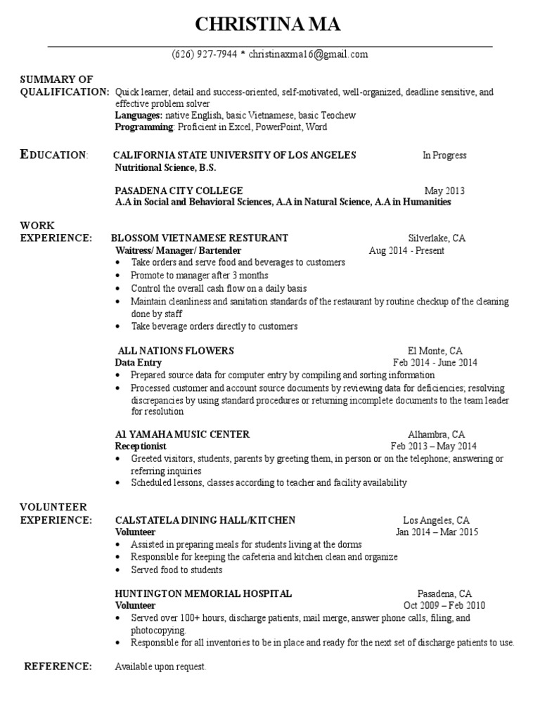 Christina Ma - Nutritional Science Resume | PDF | Self-Improvement