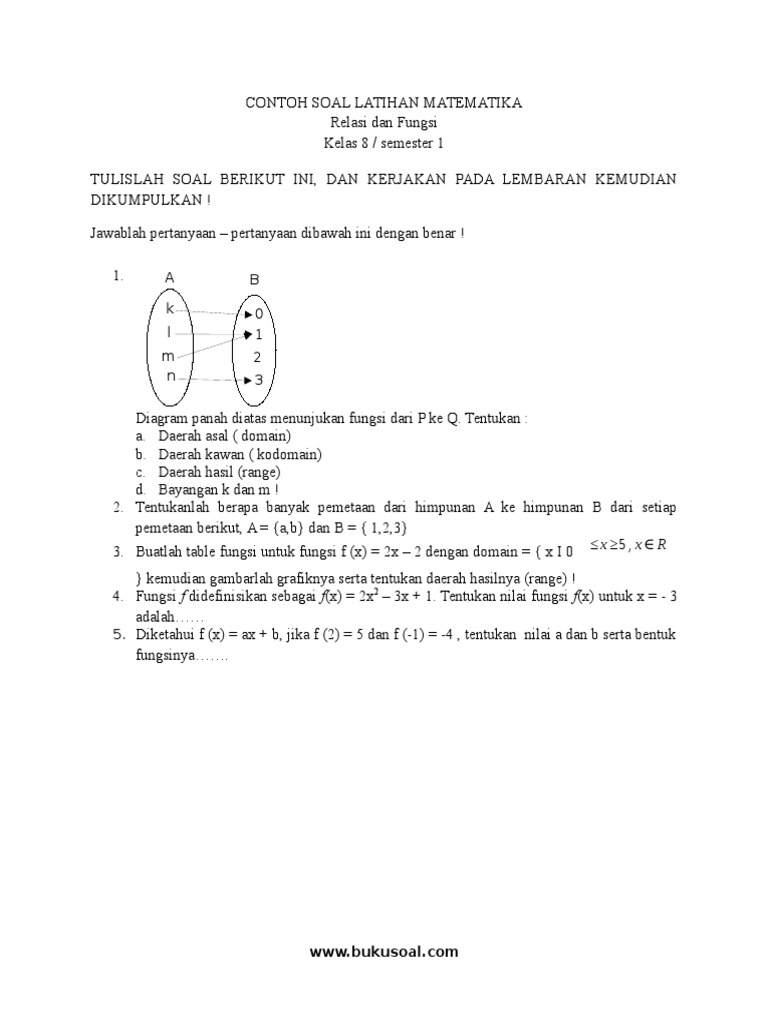 Contoh Soal Latihan Matematika Relasi Dan Fungsi Kelas 8 SMP | PDF