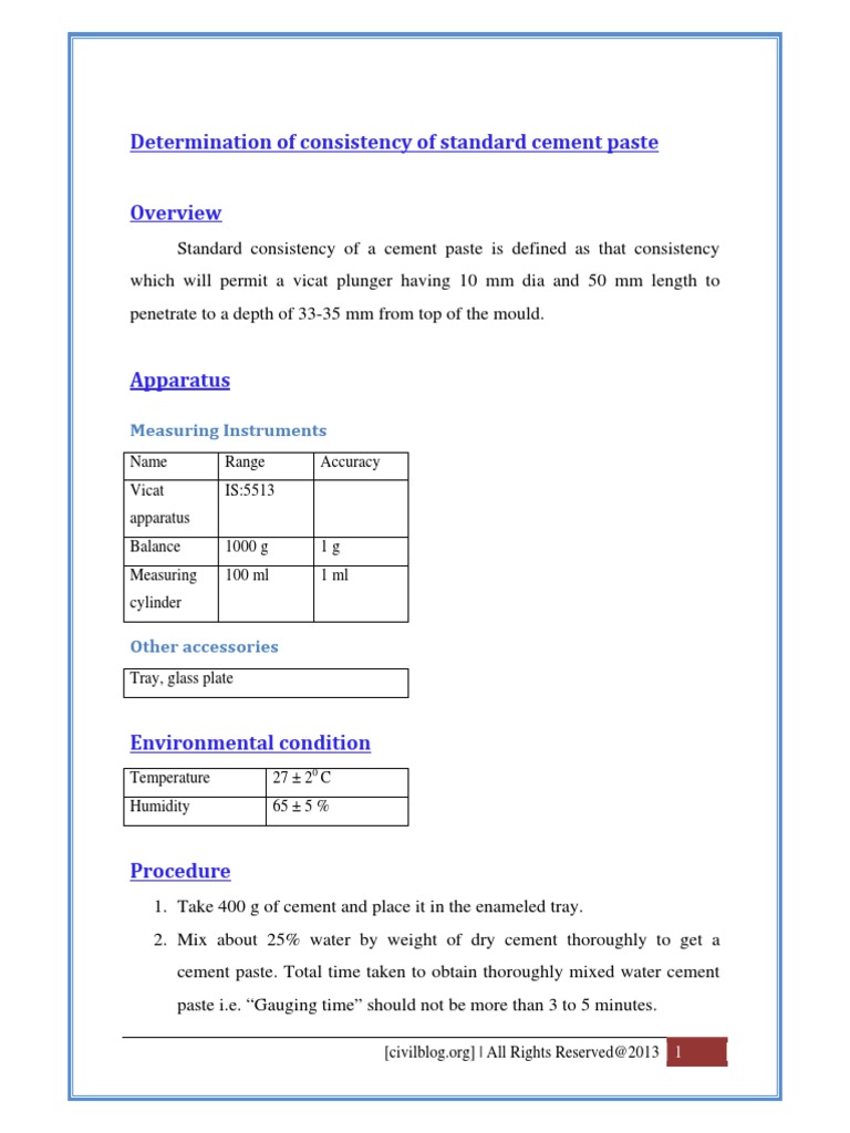Determination of Consistency of Standard Cement Paste | PDF | Cement ...