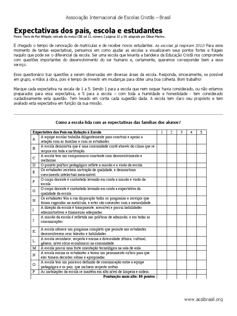 Expectativas Dos Pais Escola e Estudantes - Ron Whipple | PDF | Escolas ...