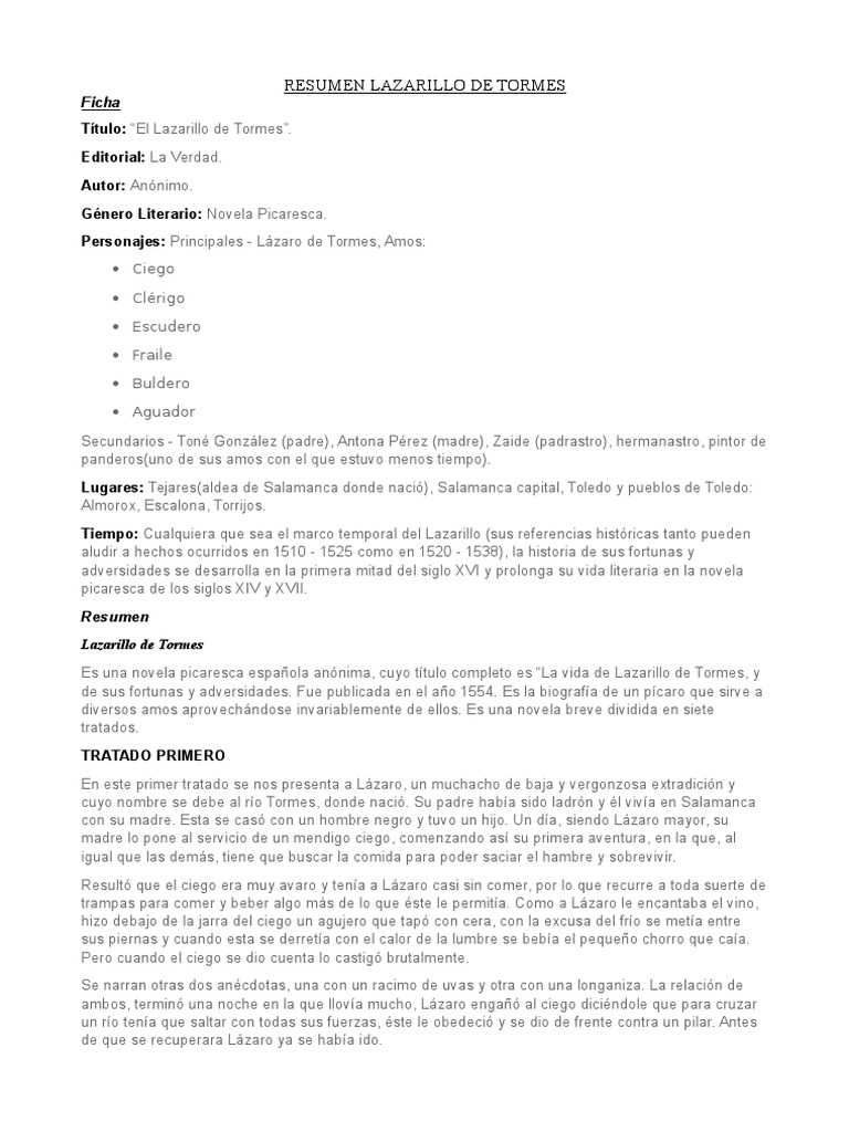 Resumen Lazarillo de Tormes | PDF