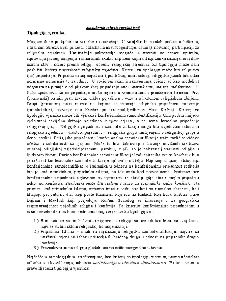 Sociologija Religije Završni Ispit | PDF