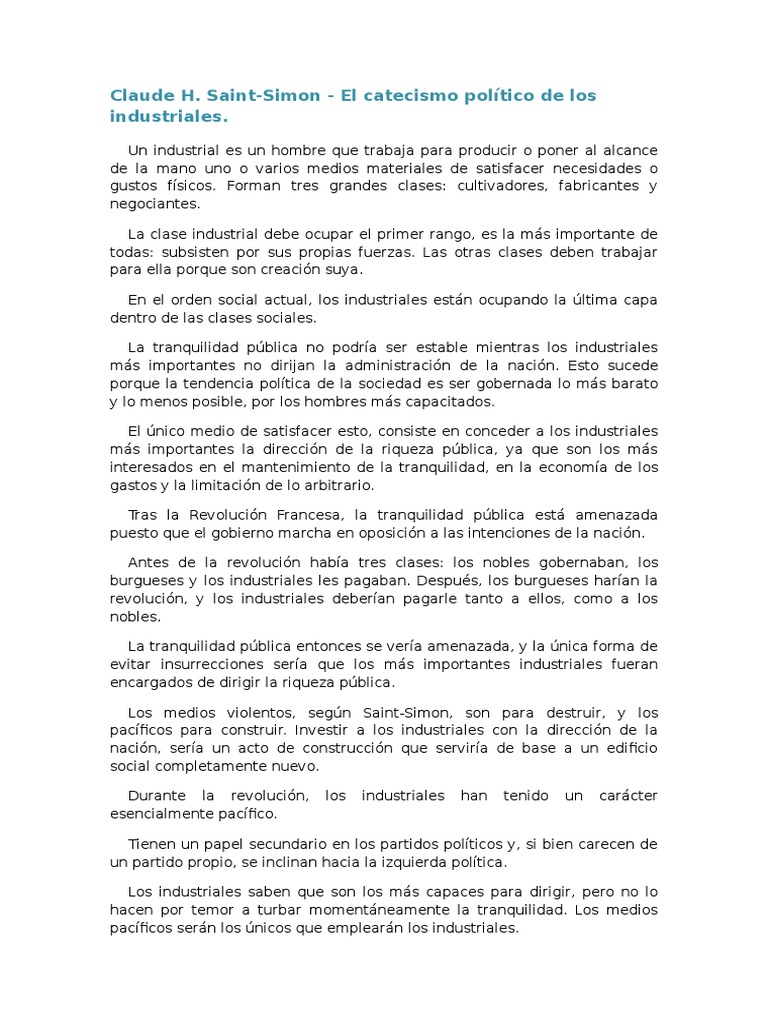 (Resumen) Saint-Simon - Catecismo Político de Los Industriales | PDF ...