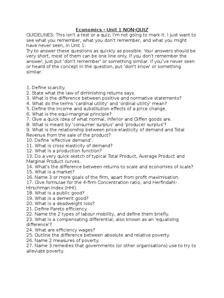 Economics Unit 1 Review Questions | PDF