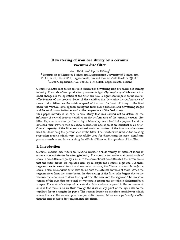 Dewatering Iron Ore Slurry with Ceramic Filters | PDF | Filtration ...