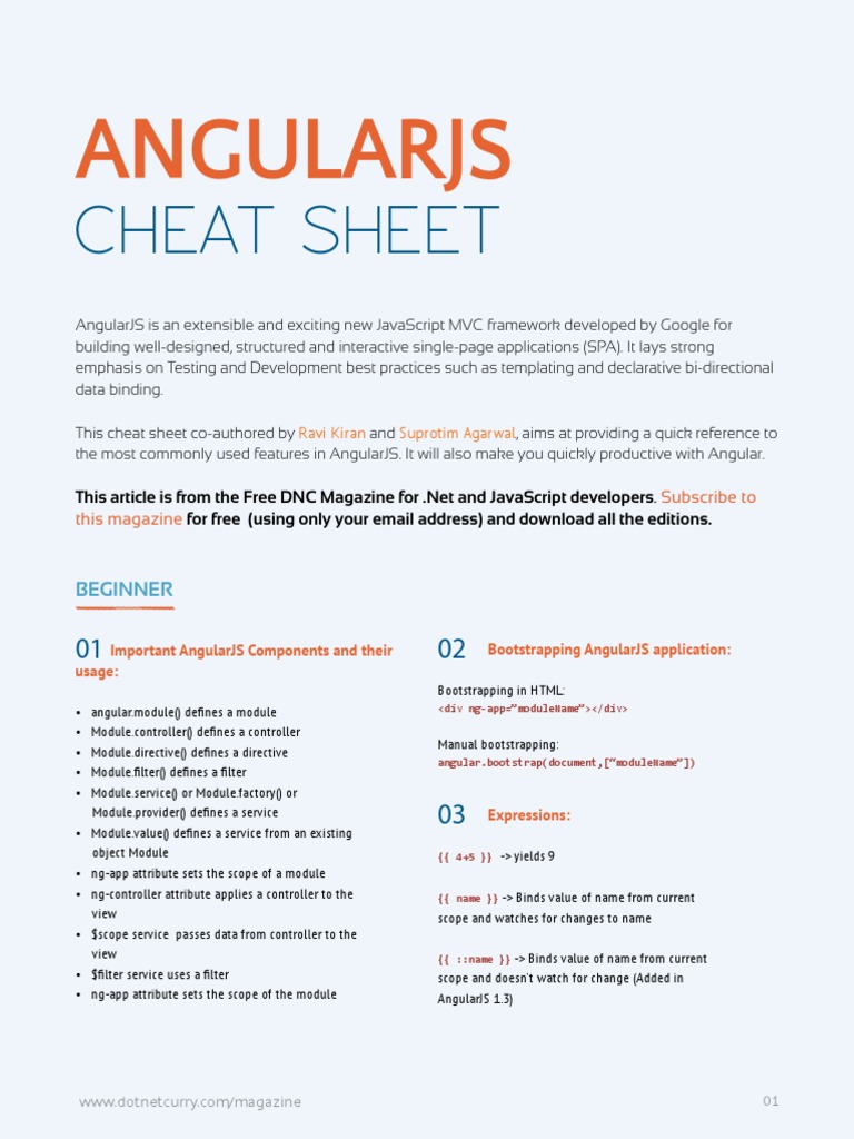 AngularJS Cheat Sheet for Developers | PDF | Angular Js | J Query