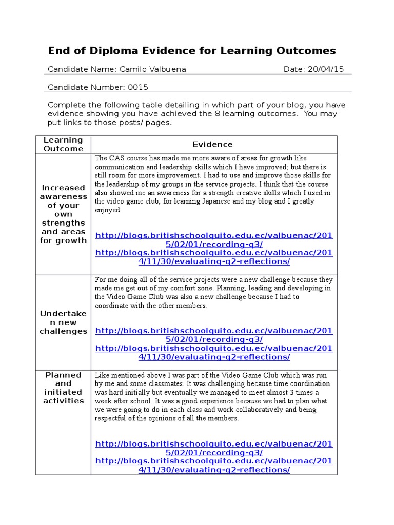 End of Diploma Evidence For Learning Outcomes | PDF | Learning ...