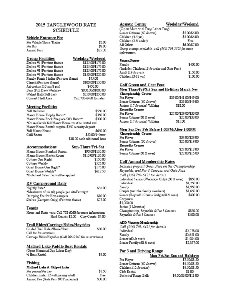 2015 Rate Sheet | PDF | Leisure | Transport