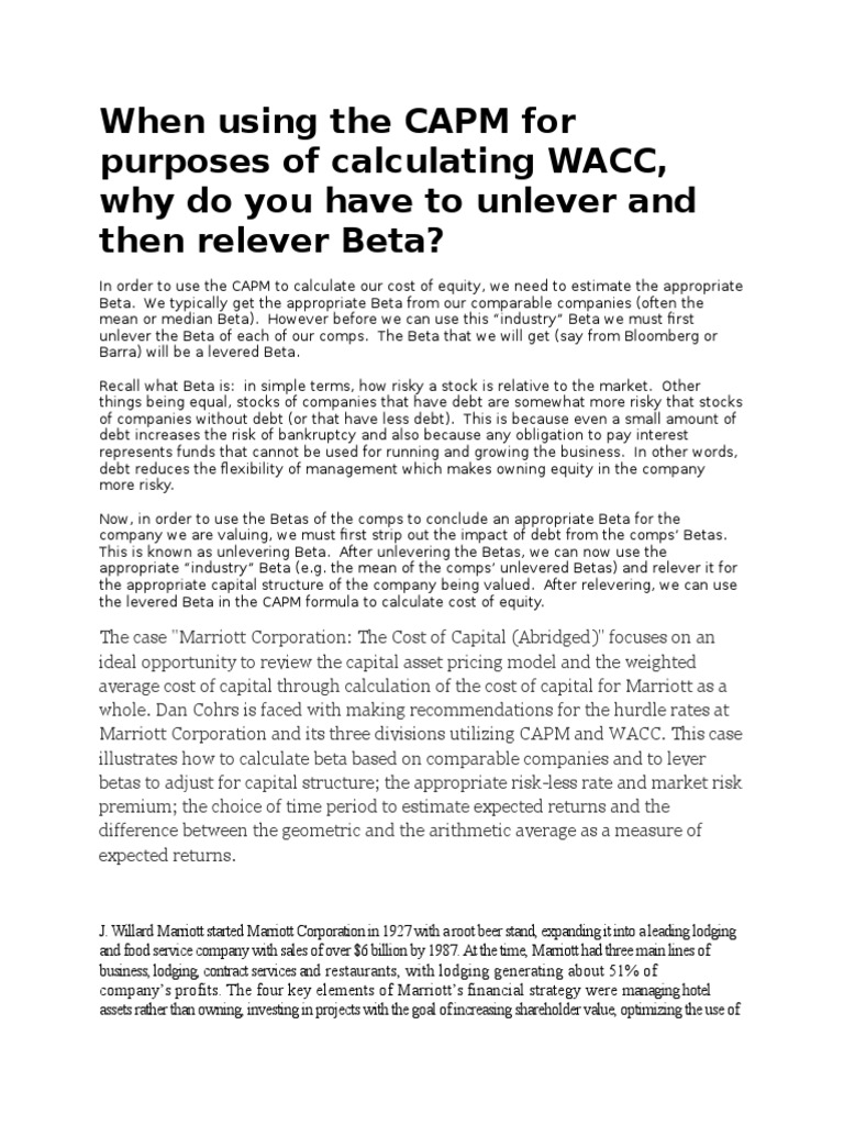 When Using The CAPM For Purposes of Calculating WACC, Why Do You Have ...