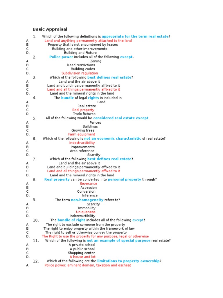Basic Appraisal Questions & Answers | PDF | Real Estate Appraisal ...