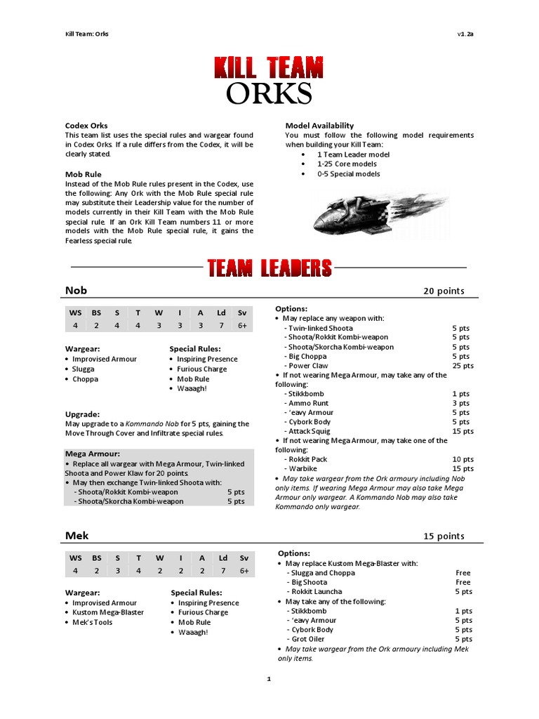 Kill Team List - Orks v1.2 | PDF | Armed Conflict | Leisure