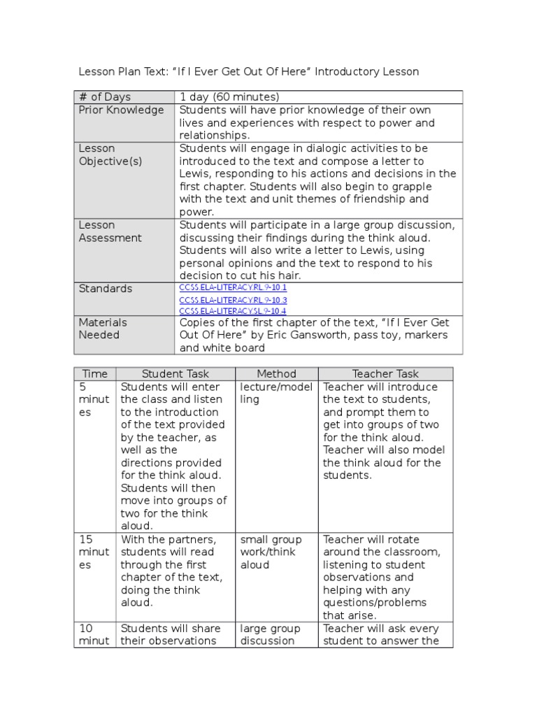 Introductory Lesson for "If I Ever Get Out" | PDF | Lesson Plan | Teachers