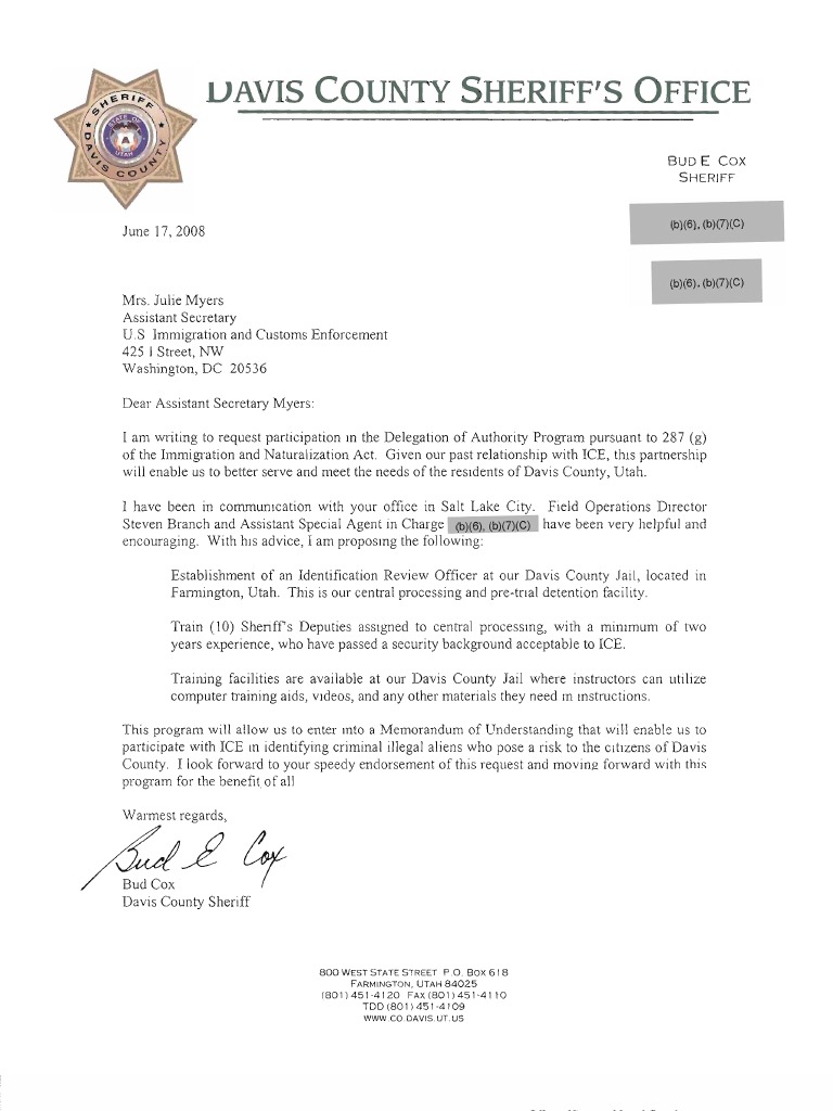 Davis County, Utah - Request To Join ICE 287 (G) Program | Download ...