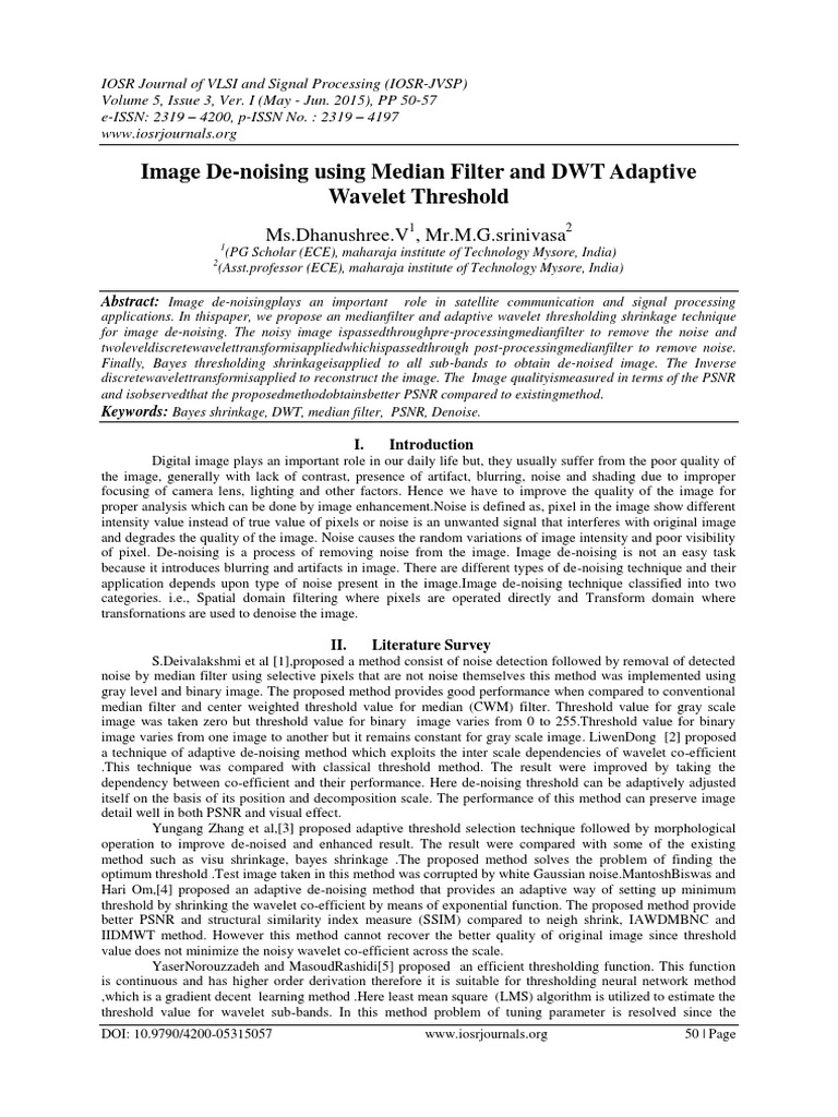 Image De-Noising Using Median Filter and DWT Adaptive Wavelet Threshold | PDF | Wavelet | Signal ...