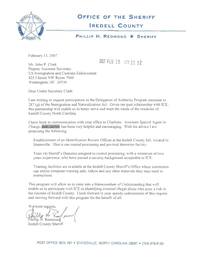Iredell County, North Carolina - Request To Join ICE 287 (G) Program ...