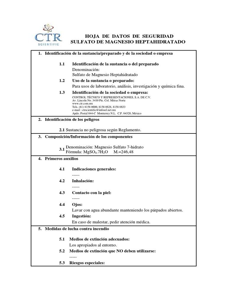 Safety Data Sheet for Magnesium Sulfate Heptahydrate | PDF | Magnesio ...