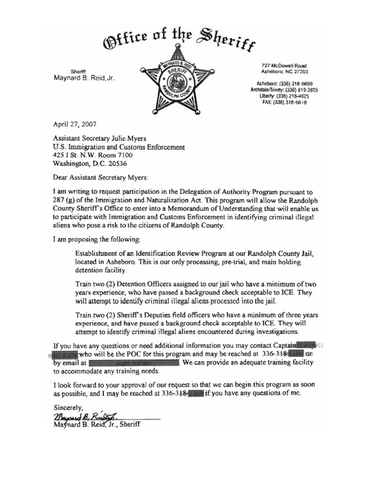 Randolph County, North Carolina - Request To Join ICE 287 (G) Program ...
