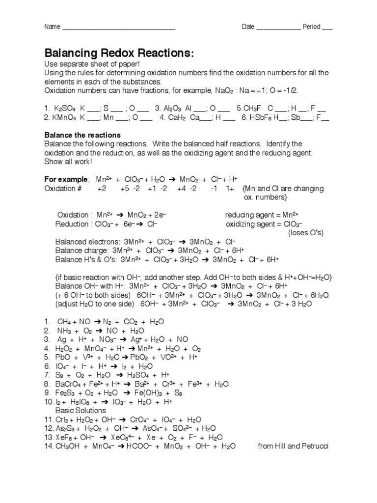A5 - Balancing Redox Worksheet I | PDF | Science & Mathematics