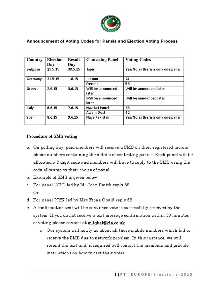 Codes For PTI Europe Elections | PDF