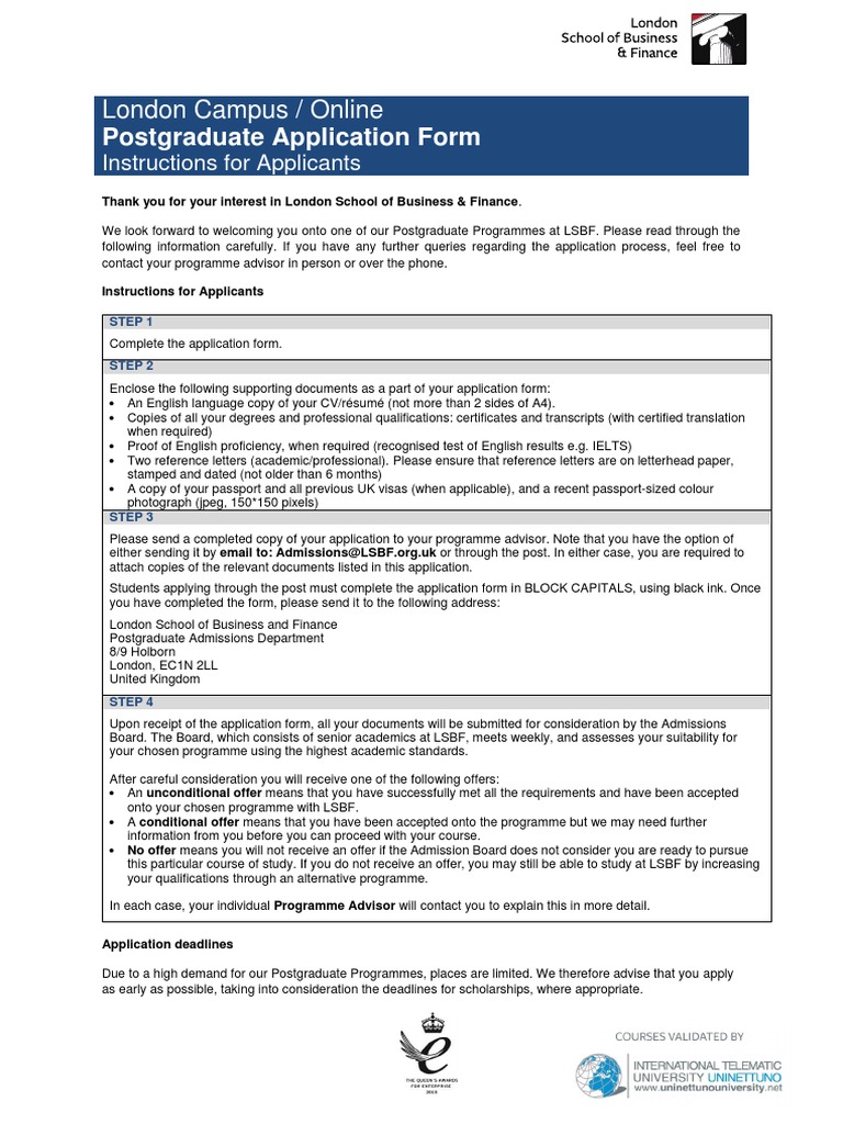LSBF MBA MSC Application Form Uninettuno PDF | PDF | Fee | Postgraduate ...