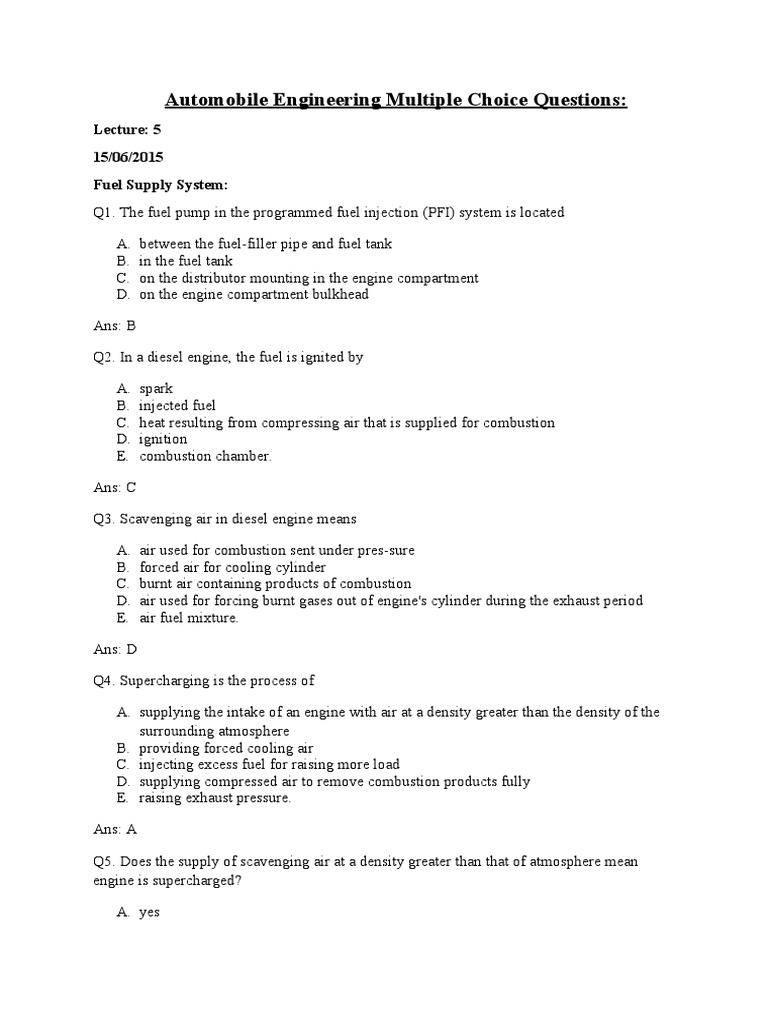 Automobile Engineering Multiple Choice Questions: Fuel Supply Systems ...