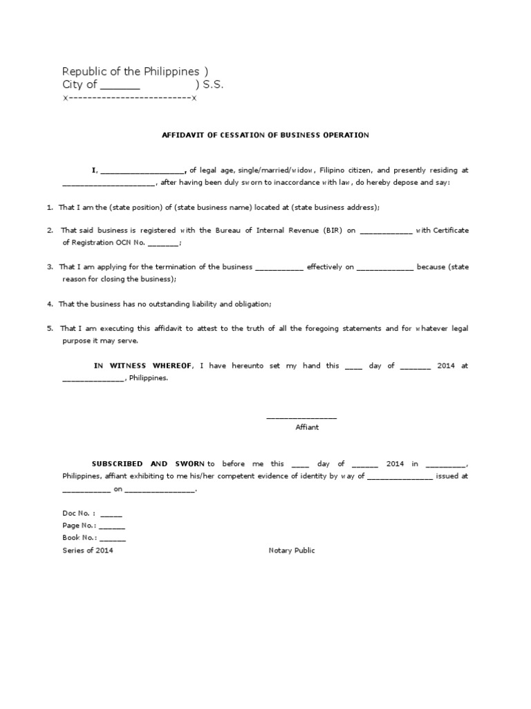 Affidavit of Cessation of Business Operation | PDF