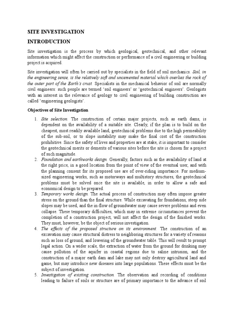 Site Investigation | PDF | Geotechnical Engineering | Civil Engineering