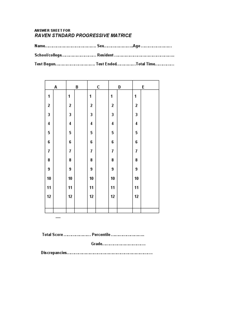 Raven's Progressive Matrice Answer Sheet | PDF | Tests