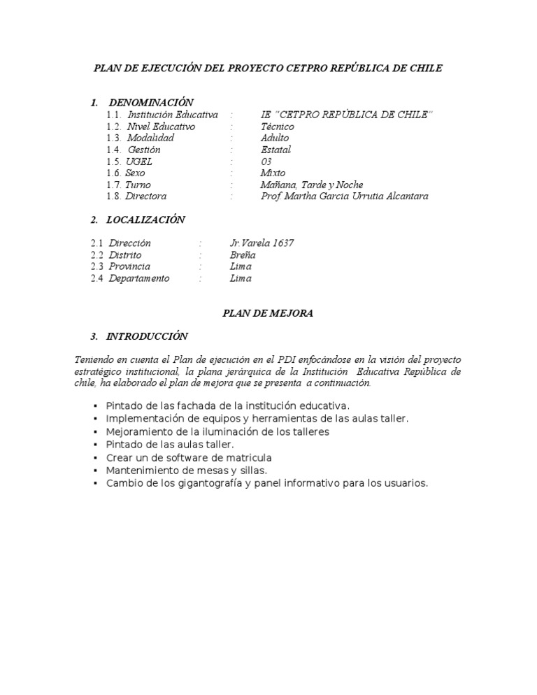 Plan de Ejecución Del Proyecto Cetpro República de Chile | PDF