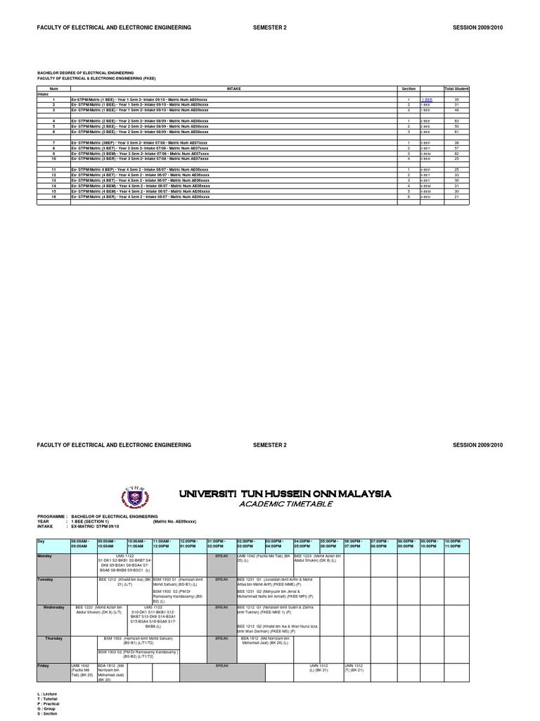 UTHM Electrical Engineering Timetable 09/10 | PDF