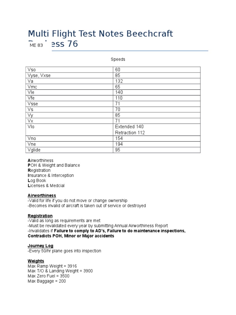 Beechcraft Duchess 76 Flight Test Notes | PDF | Takeoff | Vehicle Parts