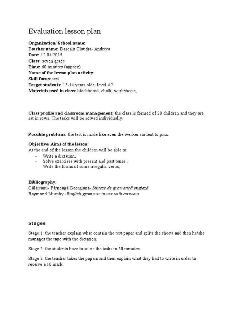 Evaluation Lesson Plan | PDF | Lesson Plan | Cognition