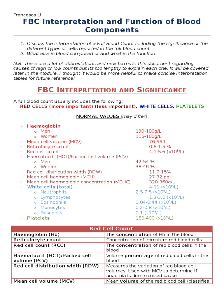 FBC Interpretation and Normal Values | PDF | Anemia | White Blood Cell