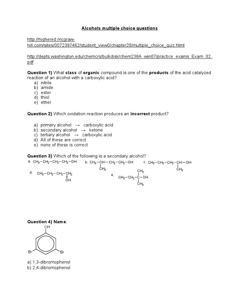 Multiple Choice Questions on Alcohols, Ketones, Aldehydes, Carboxylic ...