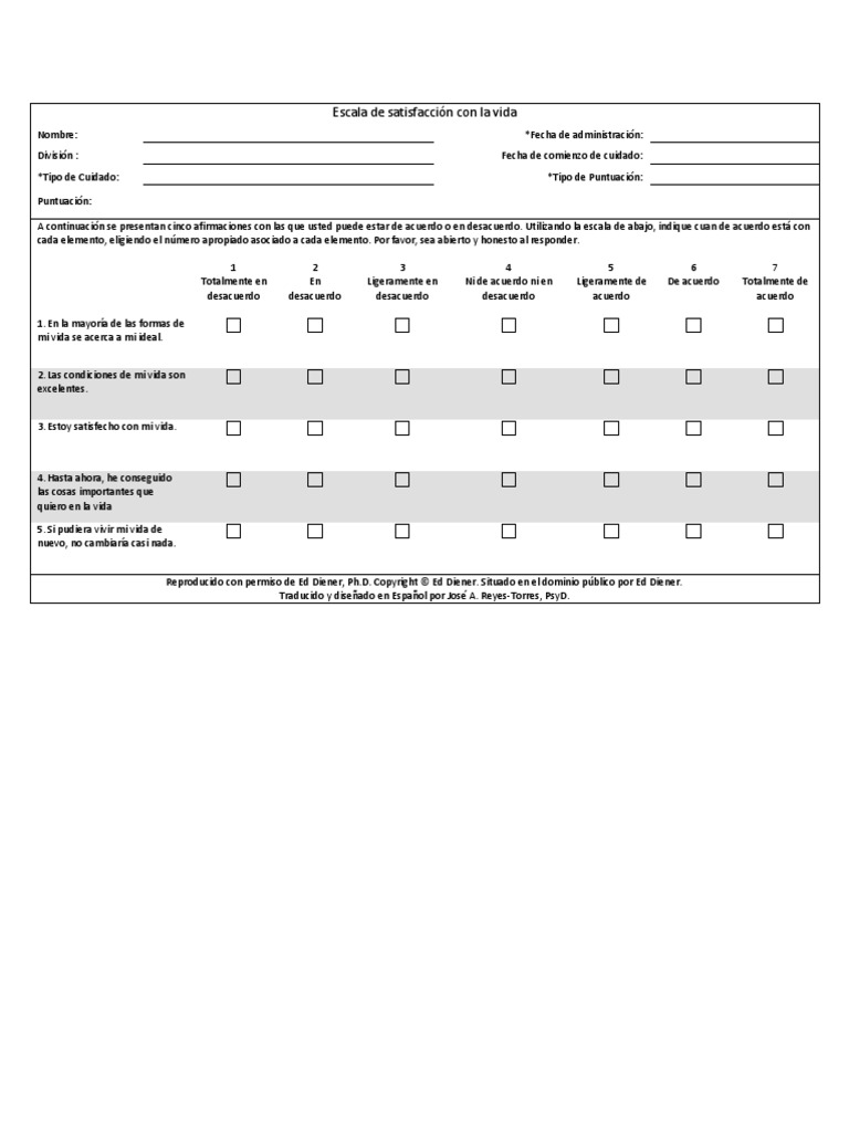 SWLS (Escala de Satisfaccion Con La Vida) Edward Diener. | PDF