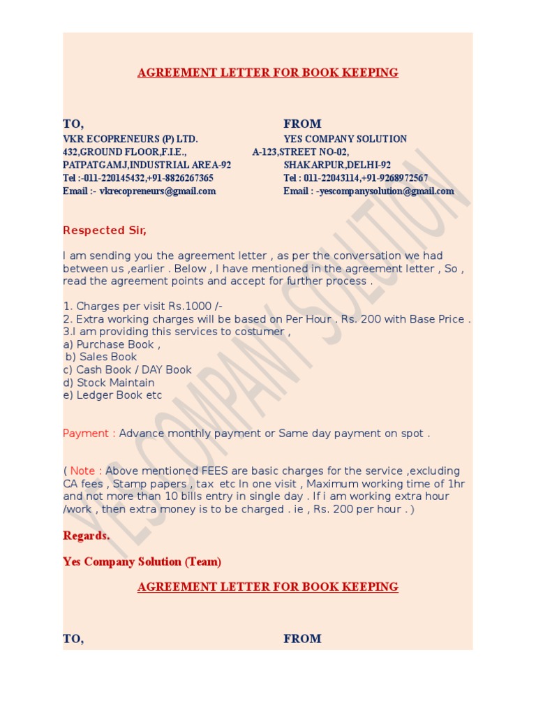 Agreement Letter For Book Keeping | PDF | Business | Finance & Money ...
