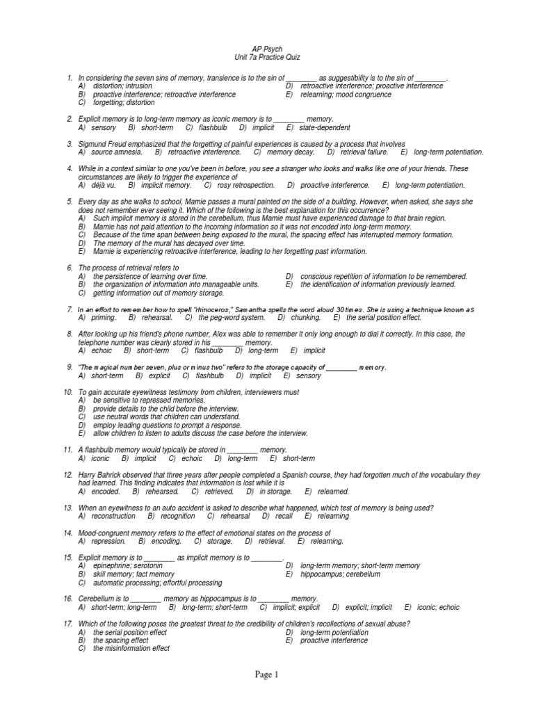 AP Psychology Memory Practice Quiz | PDF | Recall (Memory) | Memory